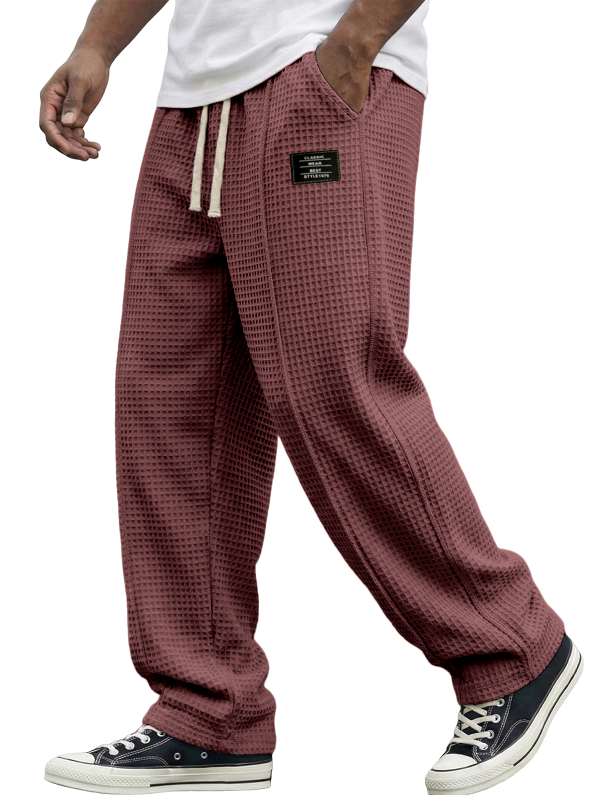 Men's Waffle Textured Pants with Decorative Stitching and Embroidered Label