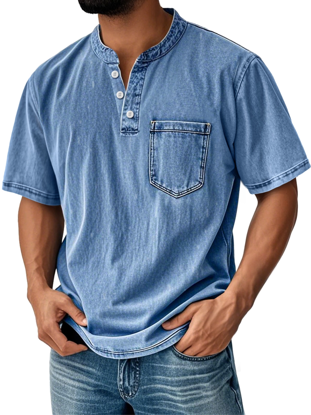 Men's Retro Stand Collar Casual Pocket Solid Color Short Sleeve Henley ...